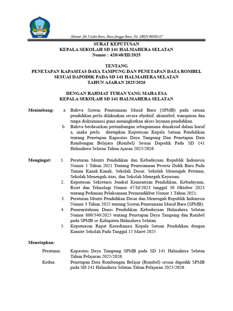 Kapasitas Daya Tampung SD 141 2025/2026 | PDF