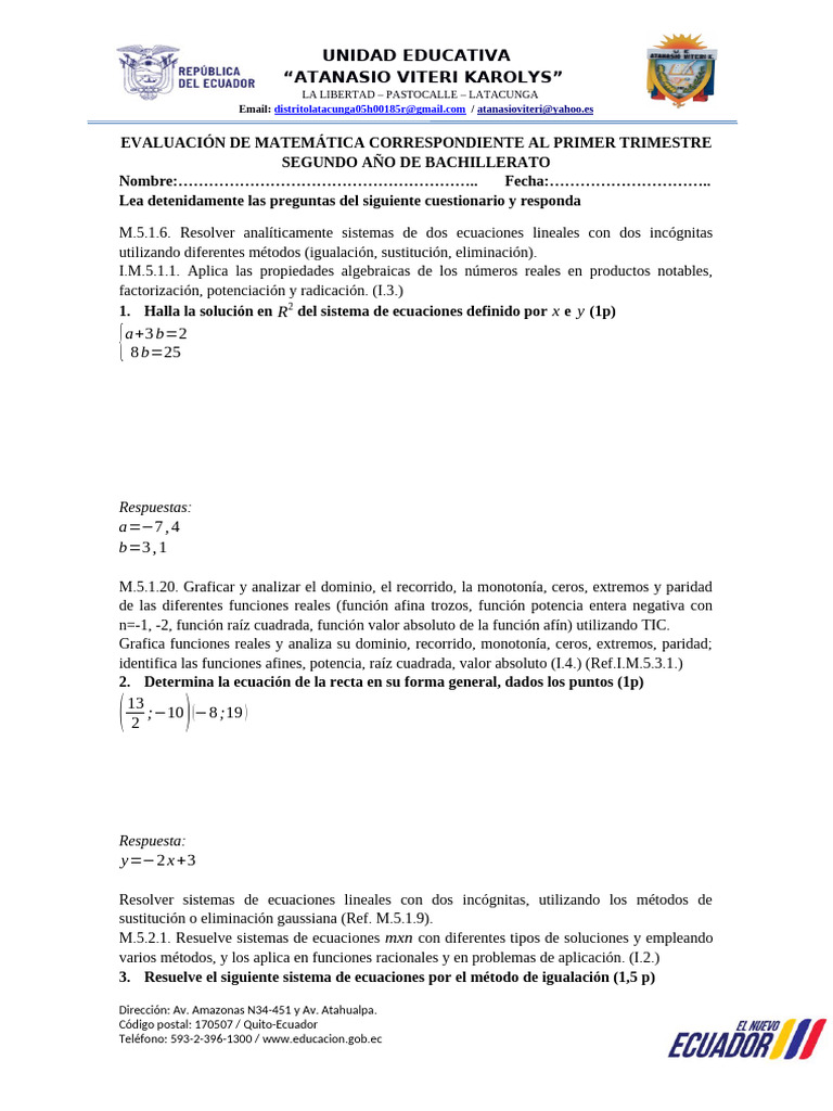 Eva. Mate 1er Trim. 2a | PDF | Ecuaciones | Sistema de ecuaciones lineales