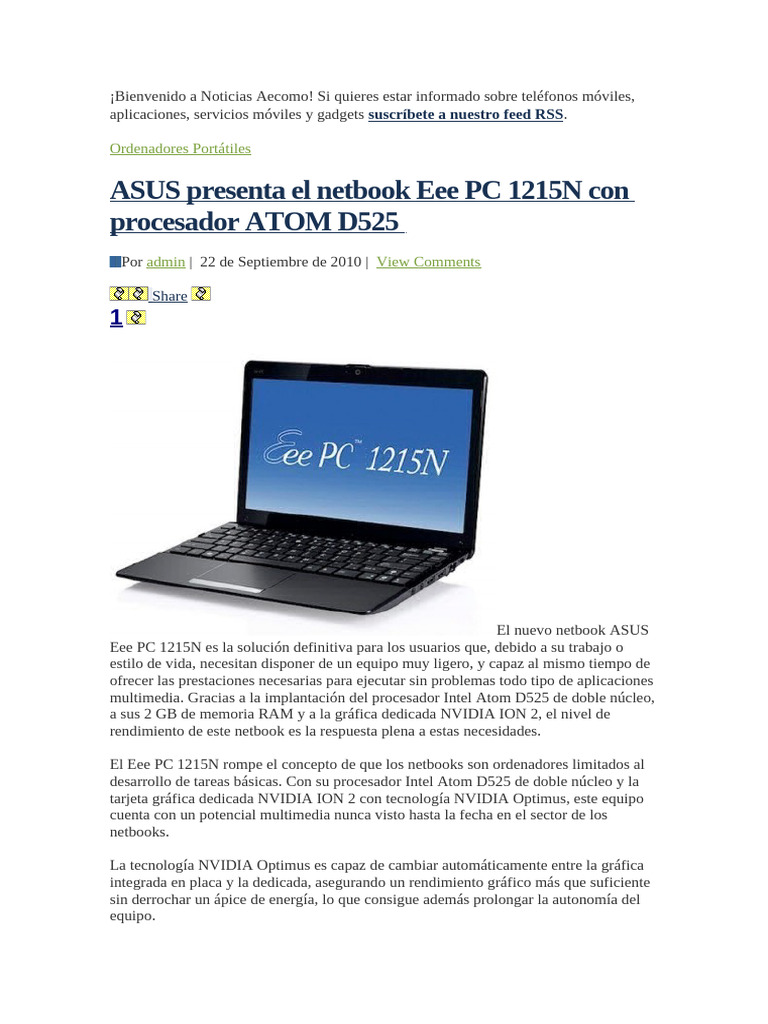 Nuevas Asus Con Intel Atom d525 | PDF | Microprocesador | Intel