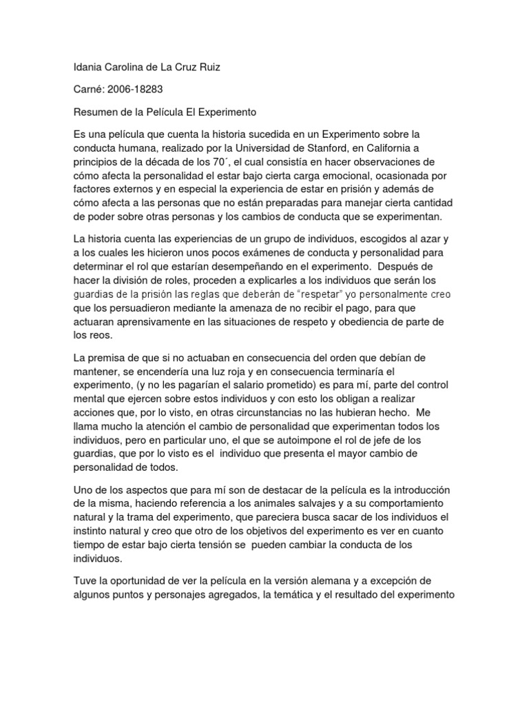 Resumen de La Pelicula El Experimento | PDF | Comportamiento | Experiencia