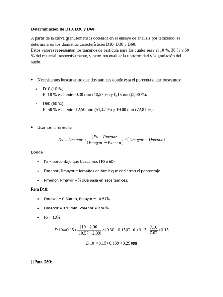 Determinación de D10, D30 y D60: Usamos La Fórmula | PDF