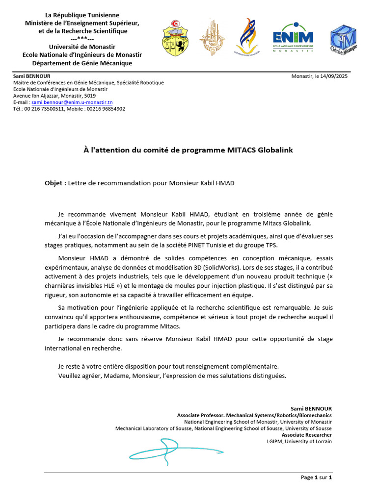 Lettre de recommandation pour Kabil HMAD | PDF