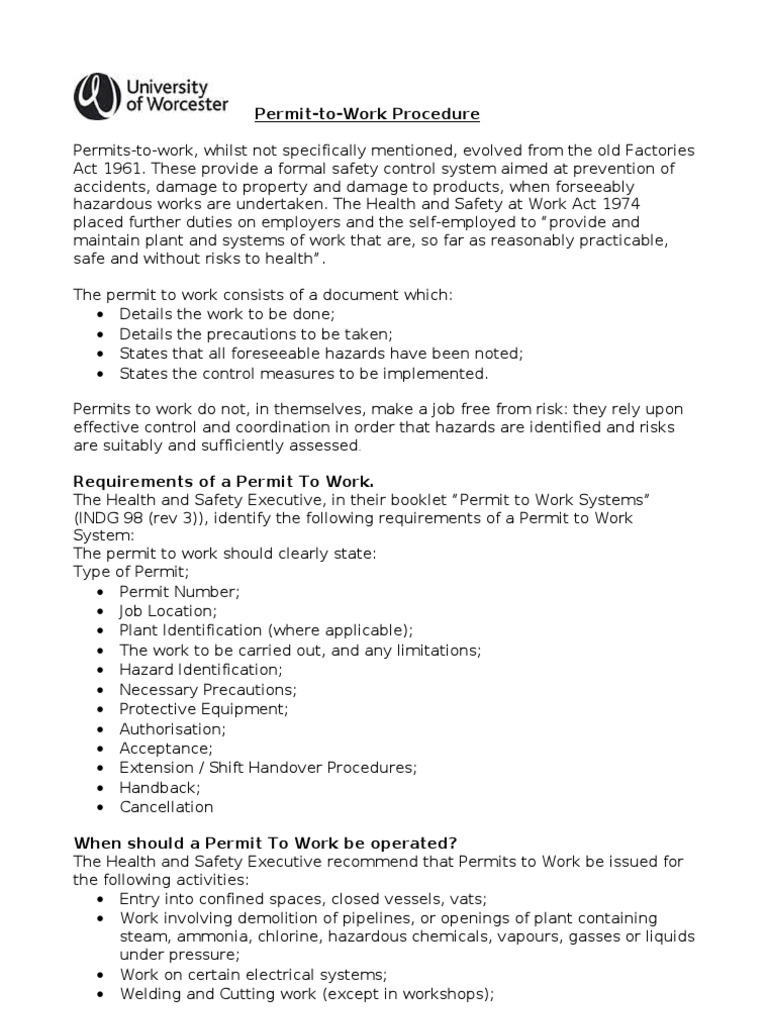 Permit To Work Procedure | PDF | Elevator | Safety