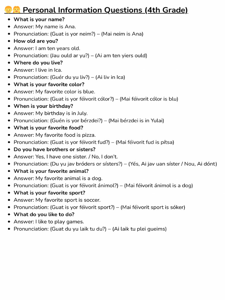 SPEAKING Personal Information Questions (4th Grade) | PDF
