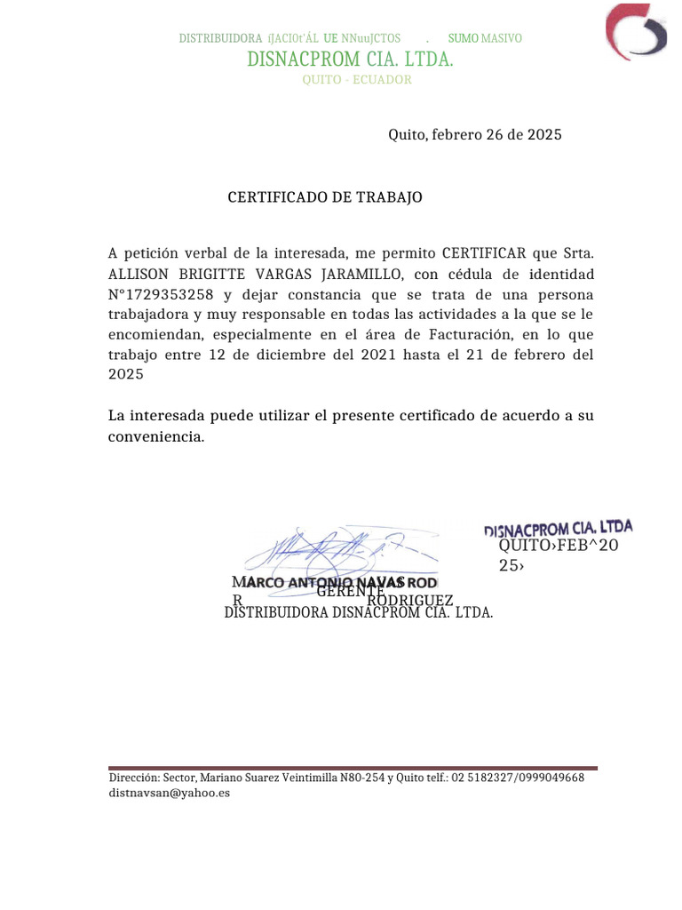 Certificado de Trabajo de Allison Vargas | PDF