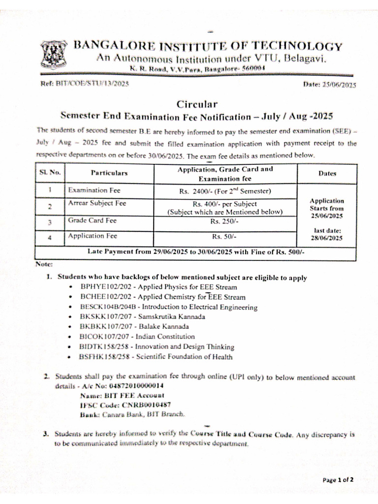 2nd Sem Exam Fee Circular 2025 | PDF