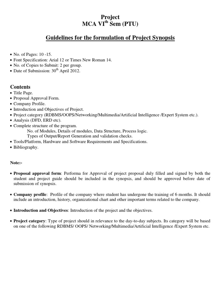 Project Mca Vi Sem (PTU) Guidelines For The Formulation of Project Synopsis | PDF ...