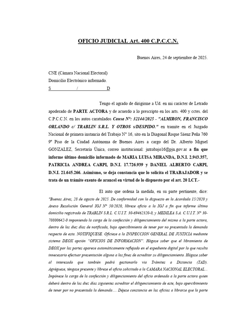 Oficio Judicial en Causa de Despido | PDF | Gobierno