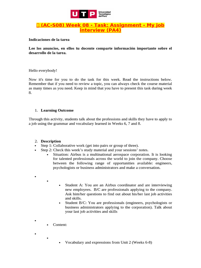 ? (AC-S08) Week 08 - Task Assignment - My Job Interview (PA4) (INGLES 3 ...