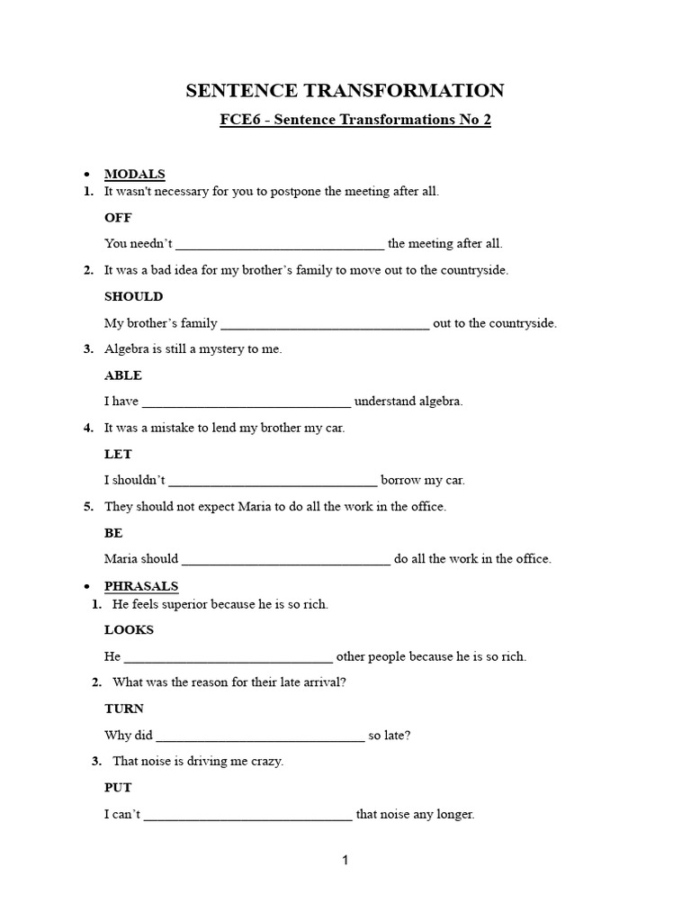 FCE6 Sentence Transformations Practice | PDF