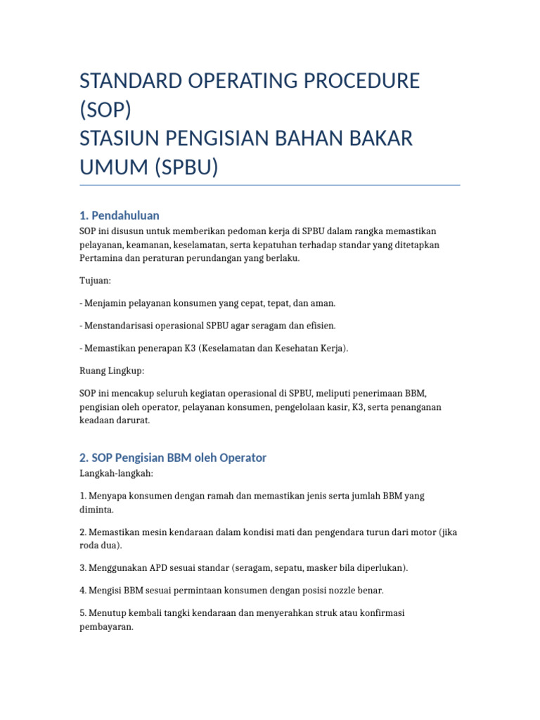 SOP Operasional SPBU Pertamina | PDF