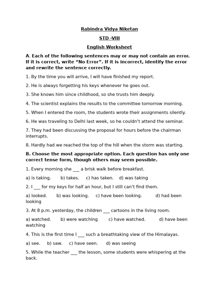 STD - VIII English Worksheet | PDF
