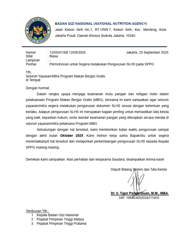 Surat Biasa - Permohonan Untuk Segera Melakukan Pengurusan SLHS Pada SPPG | PDF