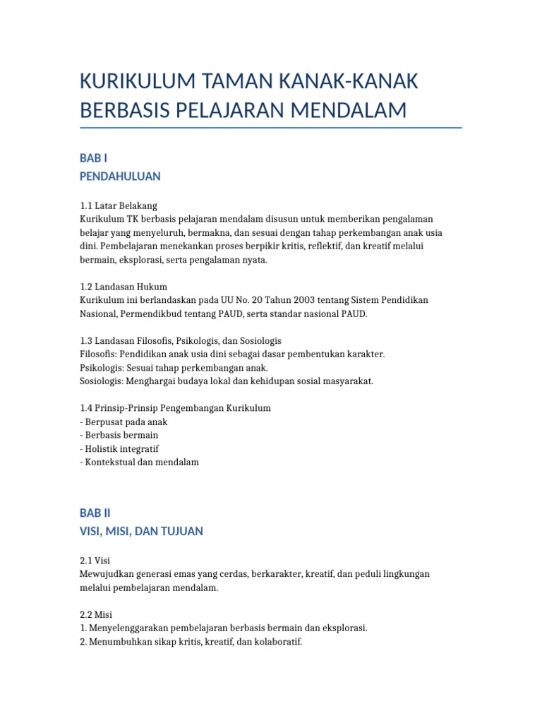 Kurikulum TK Berbasis Pelajaran Mendalam | PDF
