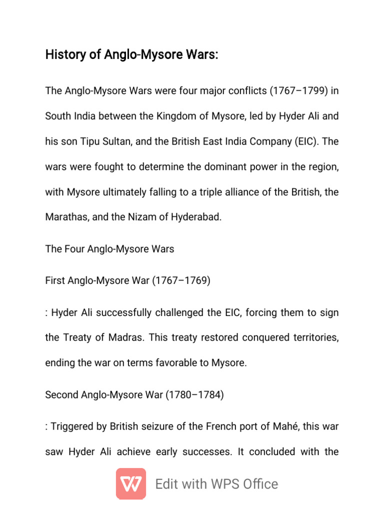 Overview of Anglo-Mysore Wars | PDF | Foreign Relations Of Great ...