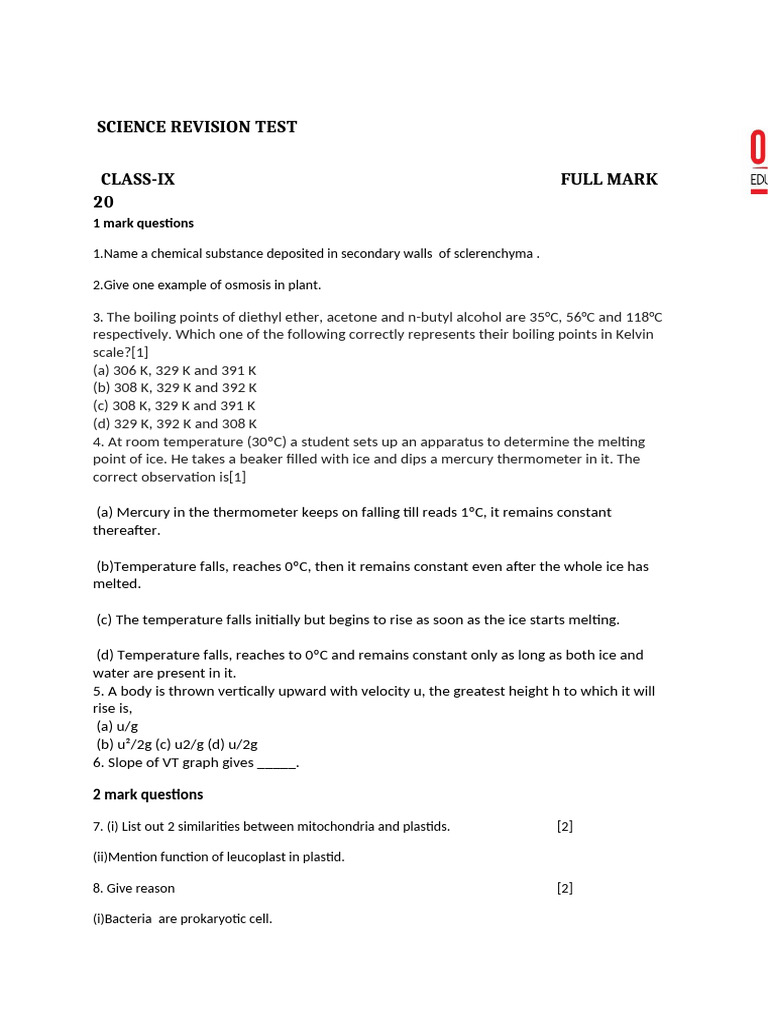 Class IX Science Revision Test Questions | PDF