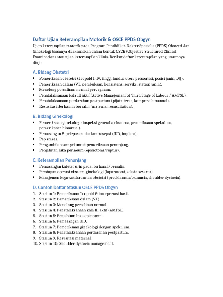 Daftar Ujian Keterampilan OSCE PPDS Obgyn | PDF