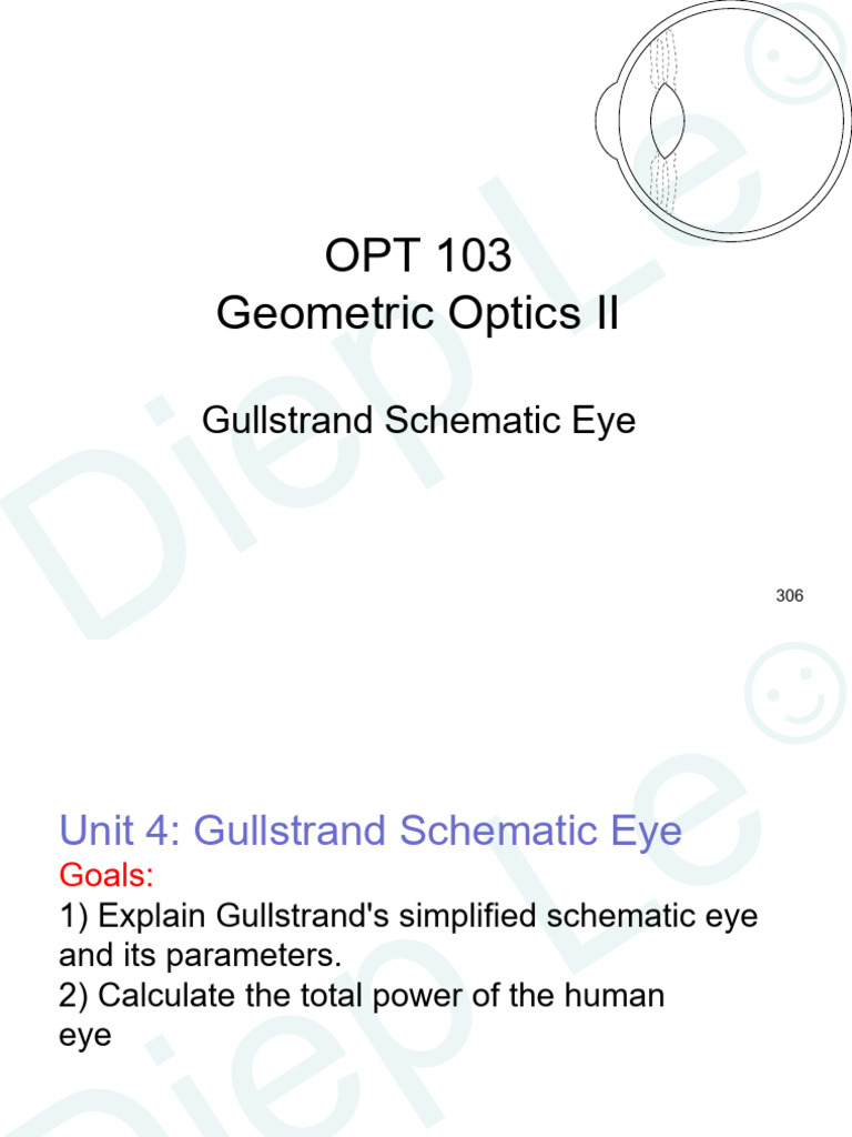 OPT103_Geometric Optics_Unit 4 Gullstrand Schematic Eye | PDF | Cornea | Eye