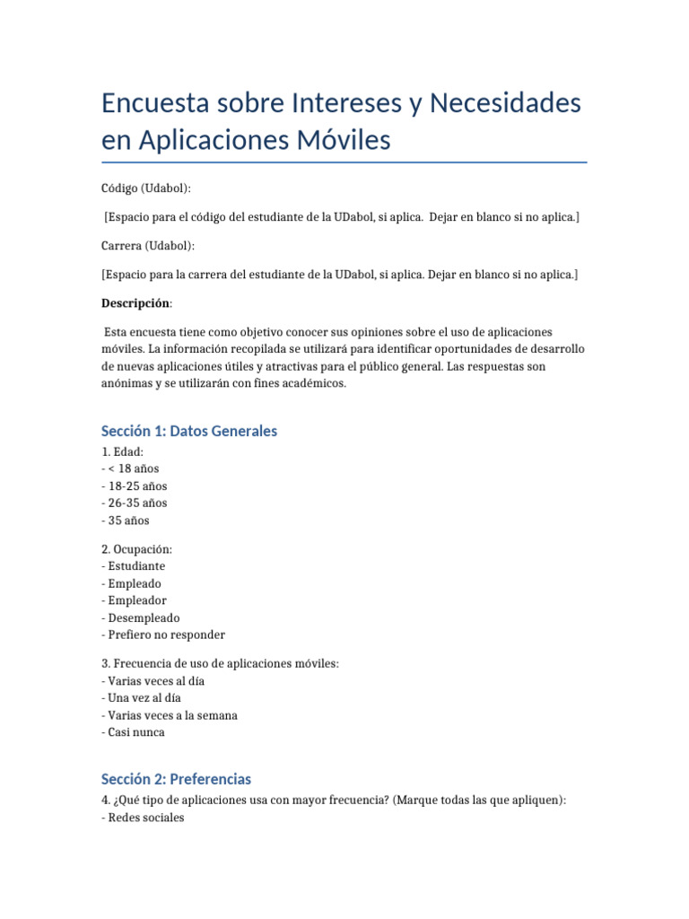 Encuesta Intereses Necesidades AppMoviles | PDF | Metodología de ...