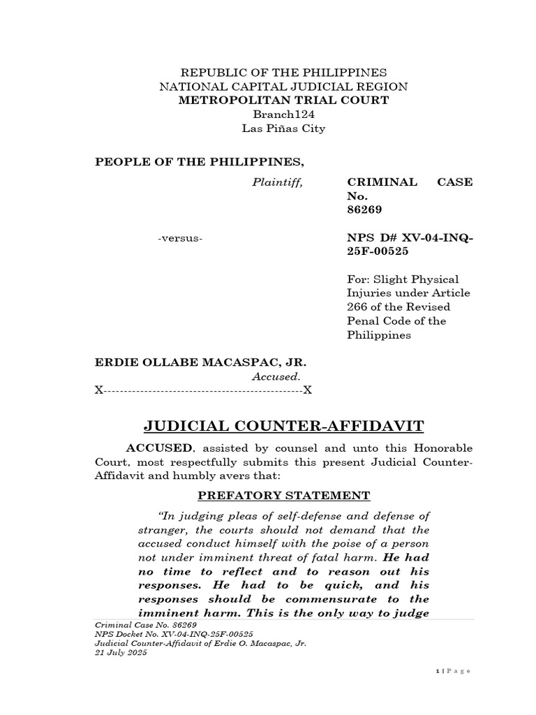 Judicial Counter Affidavit Erdie O Macaspac 21 July 2025 JFL | PDF | Self Defense | Plea