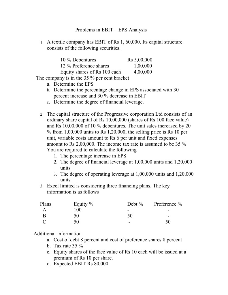 Problems in EBIT | PDF | Capital Structure | Leverage (Finance)
