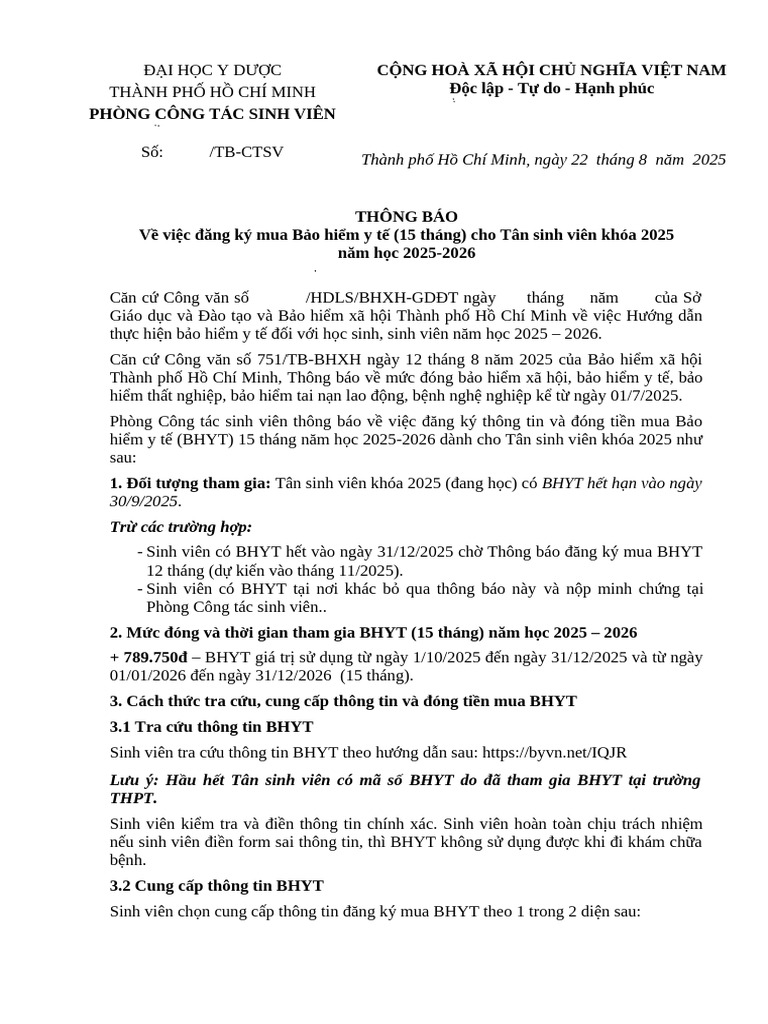 TB. Dang Ky Mua BHYT NH 2025-2026 - TSV - 15 Thang - Signed | PDF