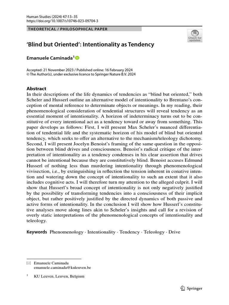 Blind But Oriented' Intentionality As Tendency | PDF | Phenomenology (Philosophy) | Edmund Husserl