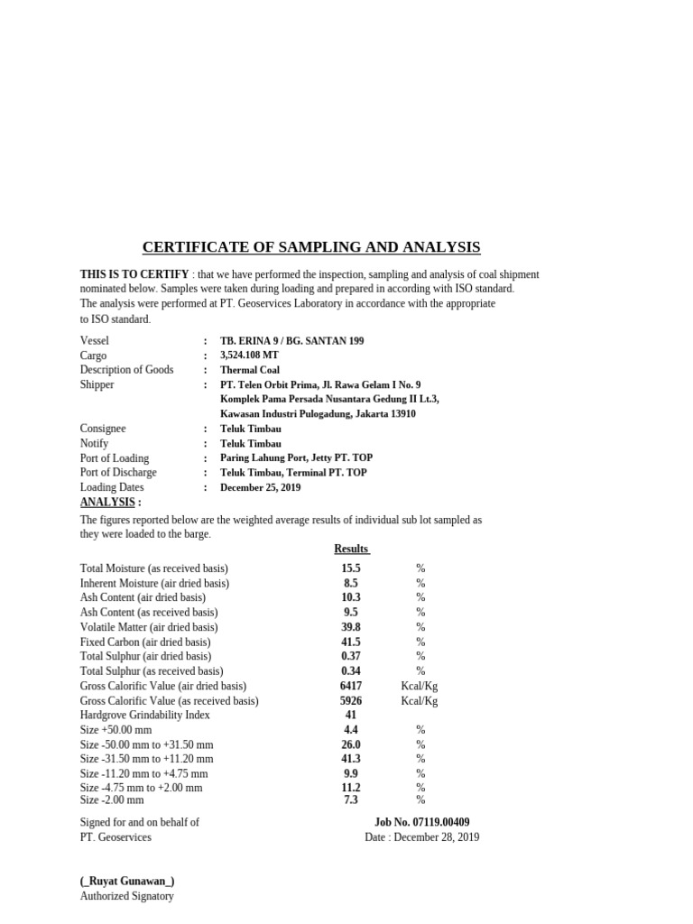Draft Coa 07119.00409 BG Santan 199 (Confirm) | PDF | Cargo | Shipping