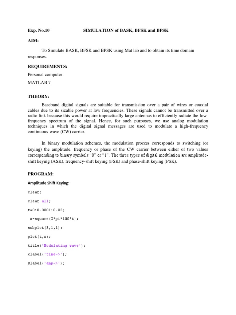 Exp. No.10 Simulation of Bask, BFSK and BPSK Aim:: Amplitude Shift ...