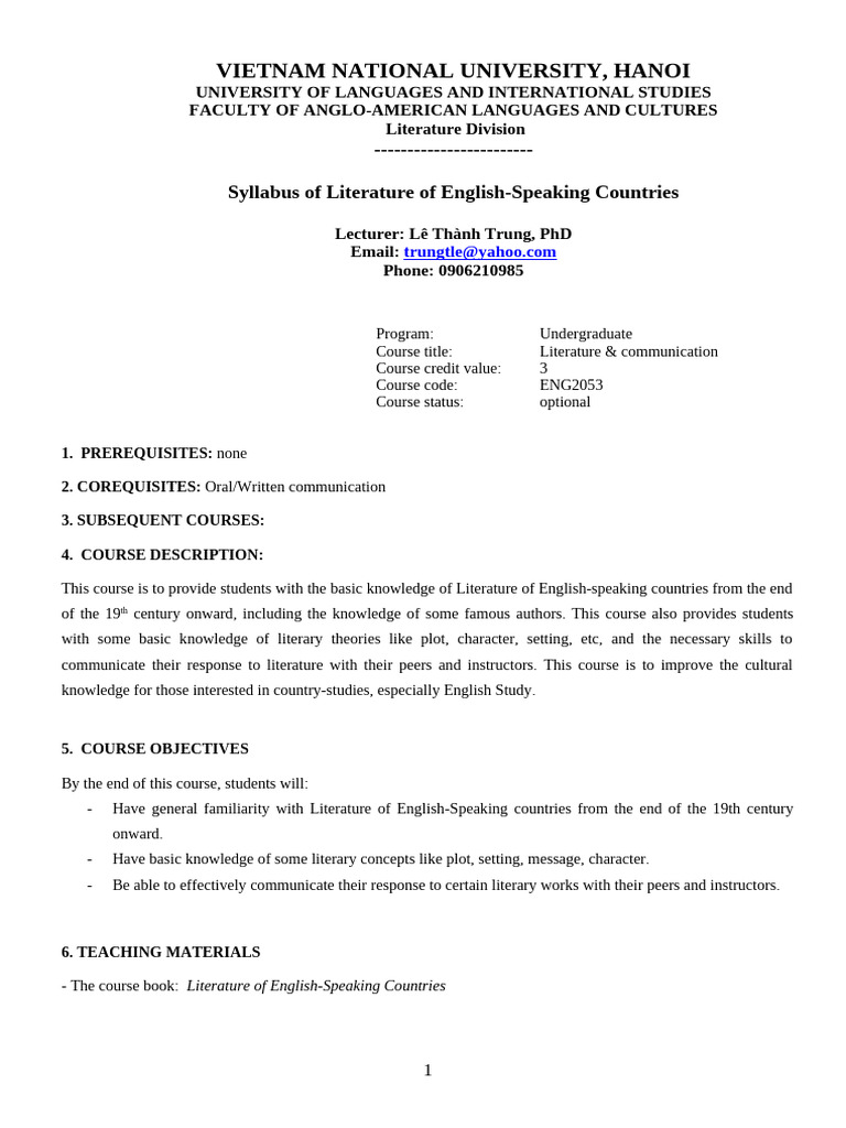 English Literature Course Syllabus | PDF | Knowledge | The Great Gatsby