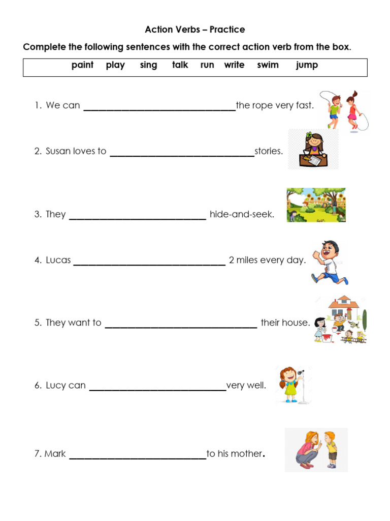 Action Verbs Sentence Completion Exercise | PDF