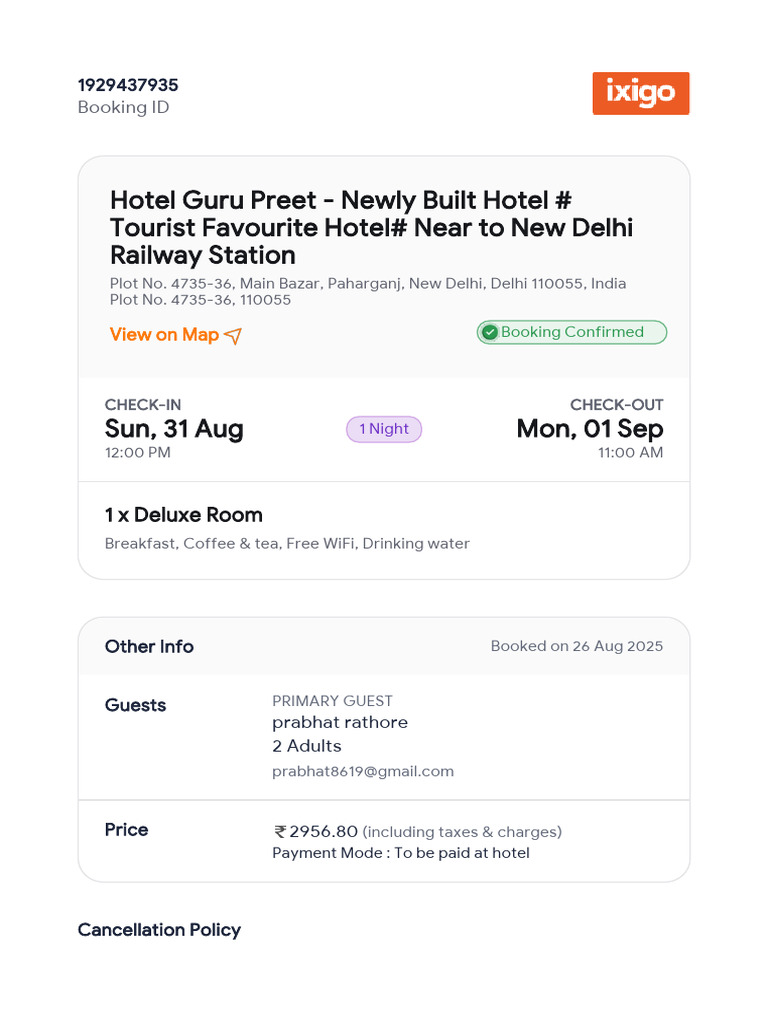 Hotel Guru Preet Booking Confirmation | PDF | Receipt