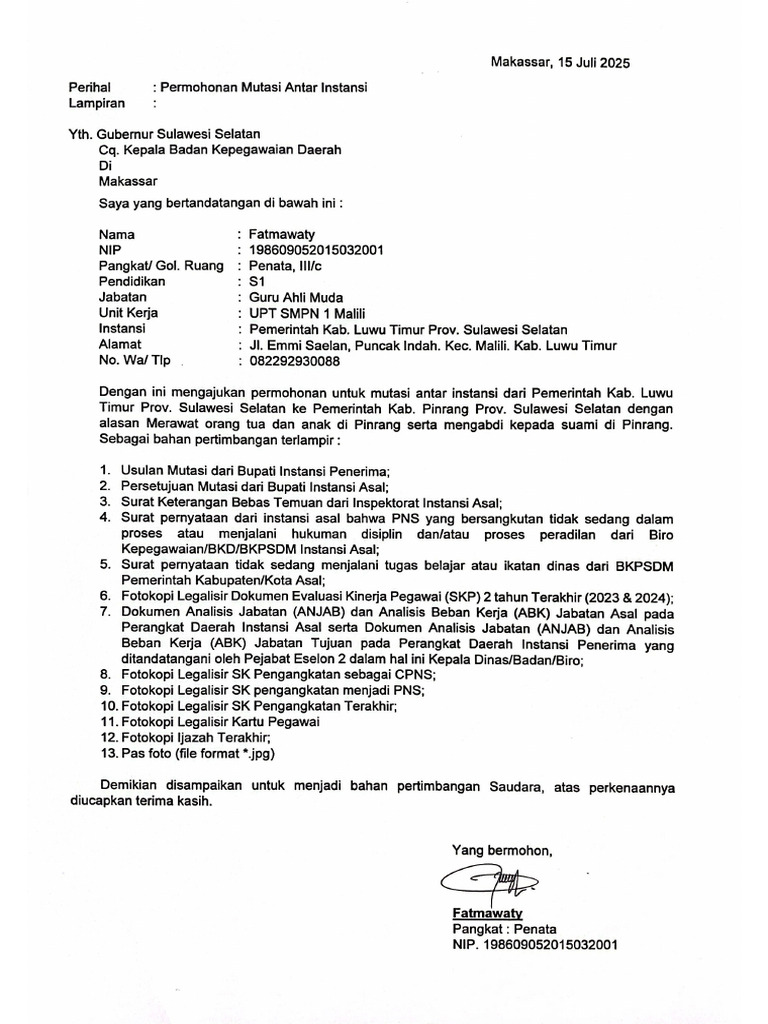 Surat Permohonan Mutasi | PDF