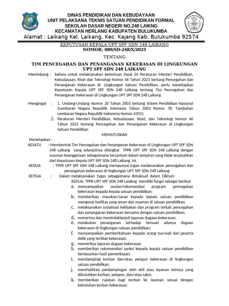 Tim Penanganan Kekerasan SDN 248 Laikang | PDF