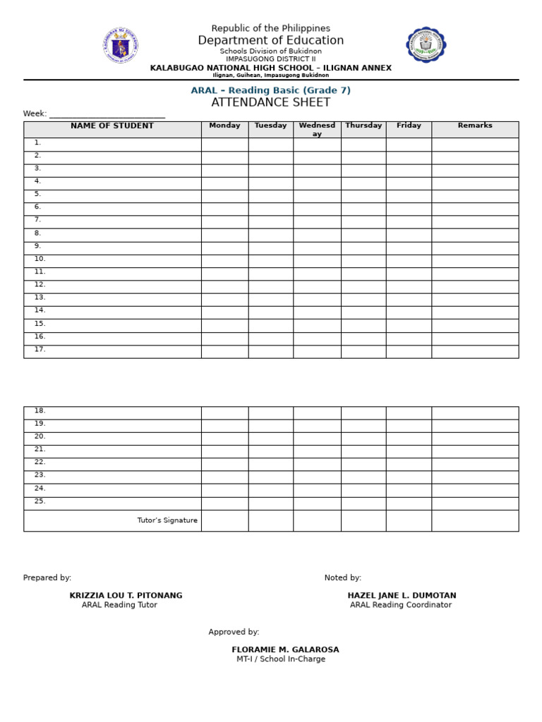 ARAL Attendance Sheet 1 | PDF