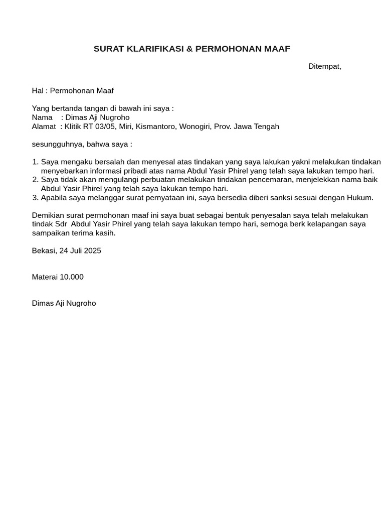 Surat Klarifikasi Permohonan Maaf Abdul | PDF