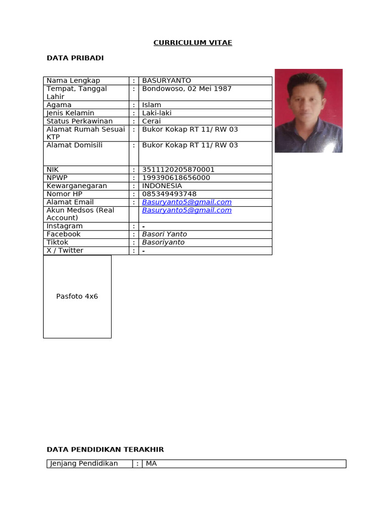 CV Basuryanto: Data Pribadi & Pengalaman | PDF