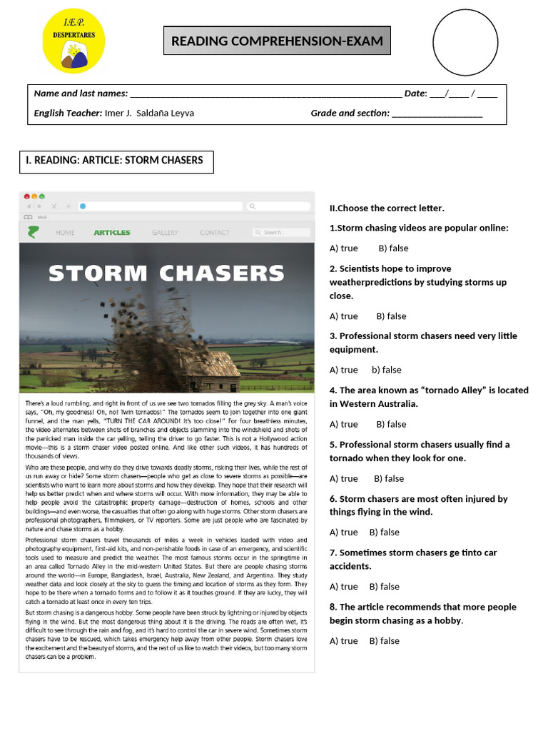 Storm Chasers Reading Comprehension Exam | PDF | Volcano | Natural ...