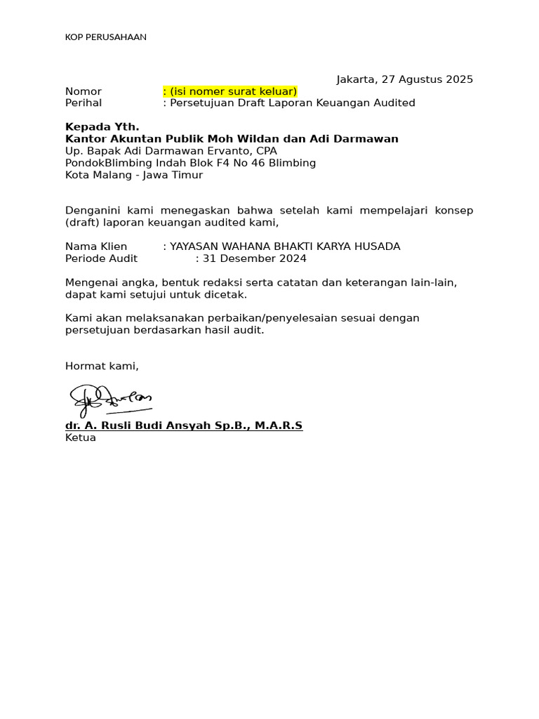 Surat Pernyataan Persetujuan Draft LK YWBKH 2024 (TTD, STEMPEL) | PDF