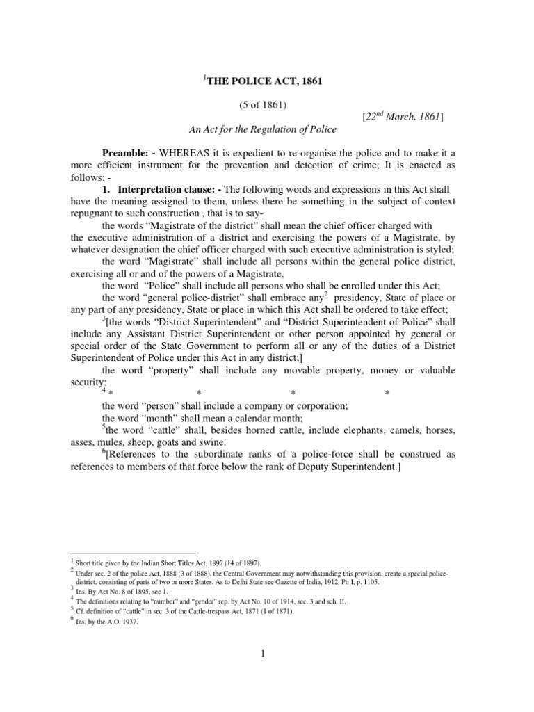 Overview of the Police Act, 1861 | PDF