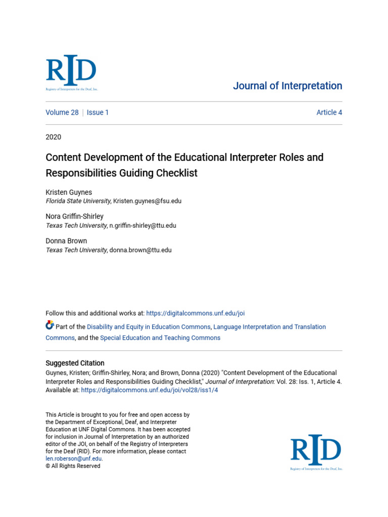 Educational Interpreter Roles and Responsibilities Guiding Checklist ...