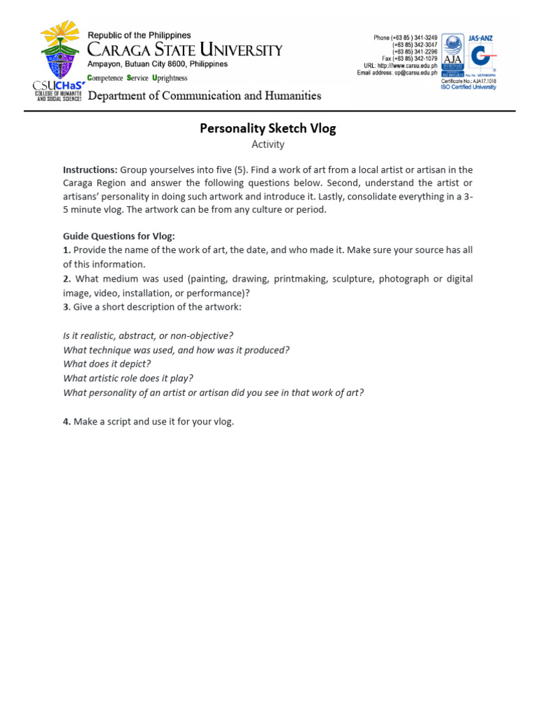 Personality Sketch Vlog Activity 4 Week 7 | PDF | The Arts