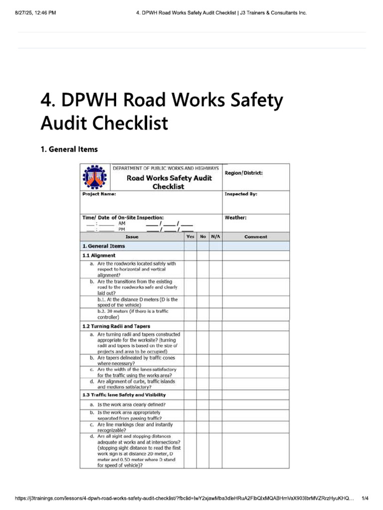 DPWH Raod Works Safety Audit Checklist | PDF