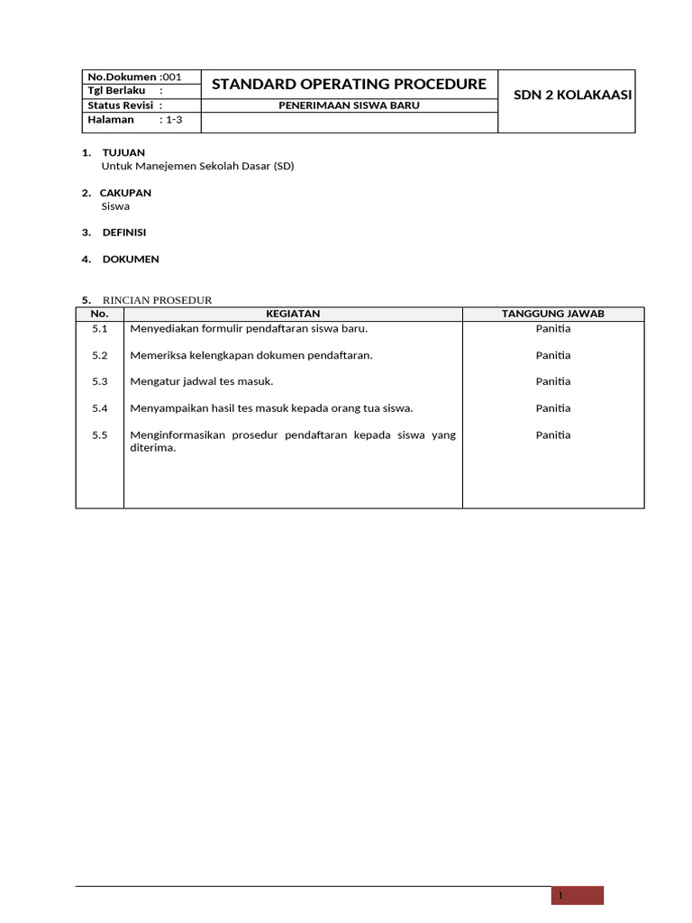 SOP Penerimaan Siswa Baru SDN 2 Kolakaasi | PDF