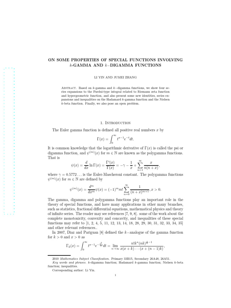 On Some Properties of Special Functions Involving - Gamma and Digamma ...