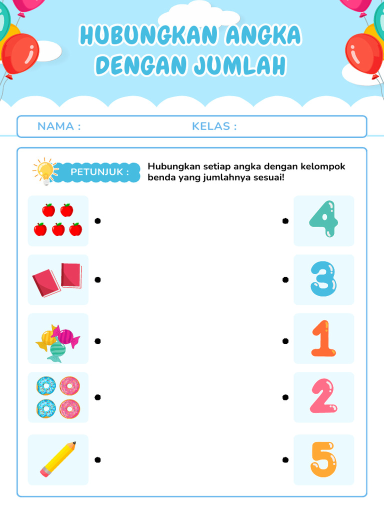 Menghubungkan Gambar Dengan Angka Lembar Kerja TK Warna Warni | PDF