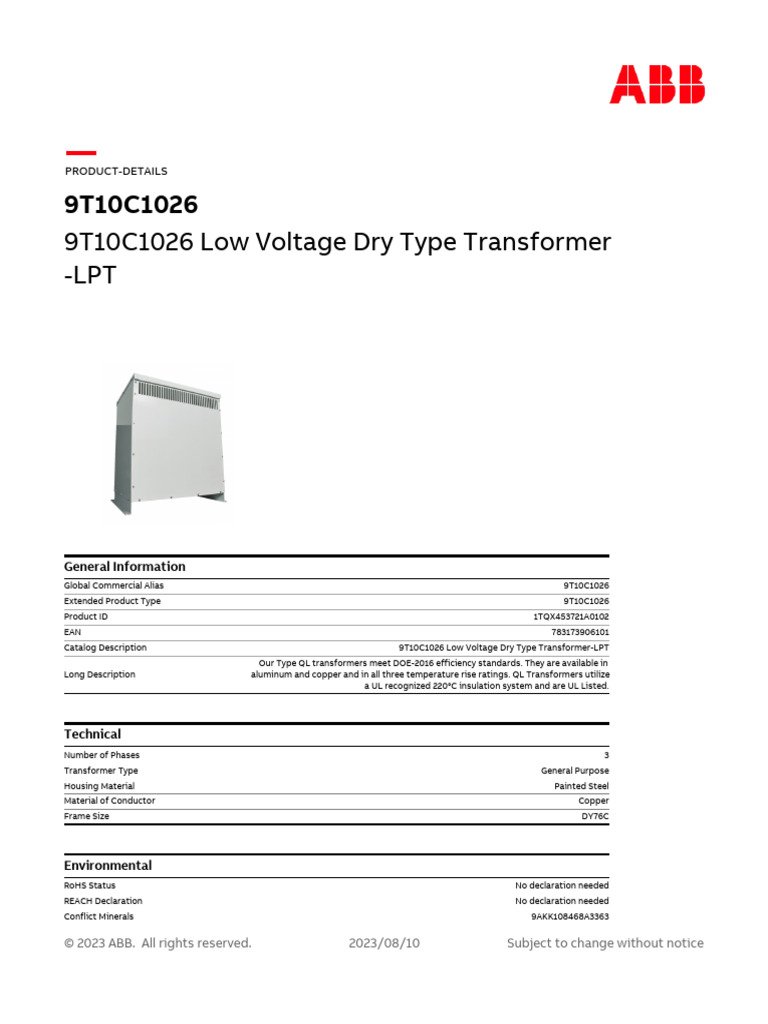 ABB 9T10C1026 Low Voltage Dry Type Transformer LPT Product Details ...