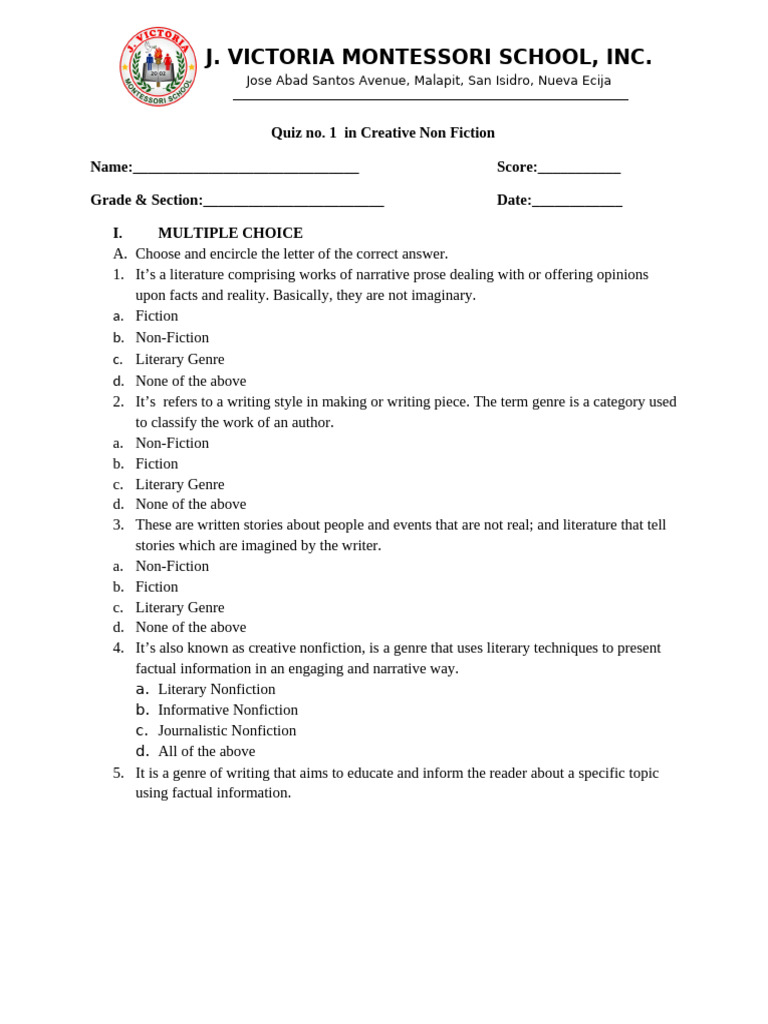 Creative Non Fiction Quiz 1 | PDF | Creative Nonfiction | Non Fiction