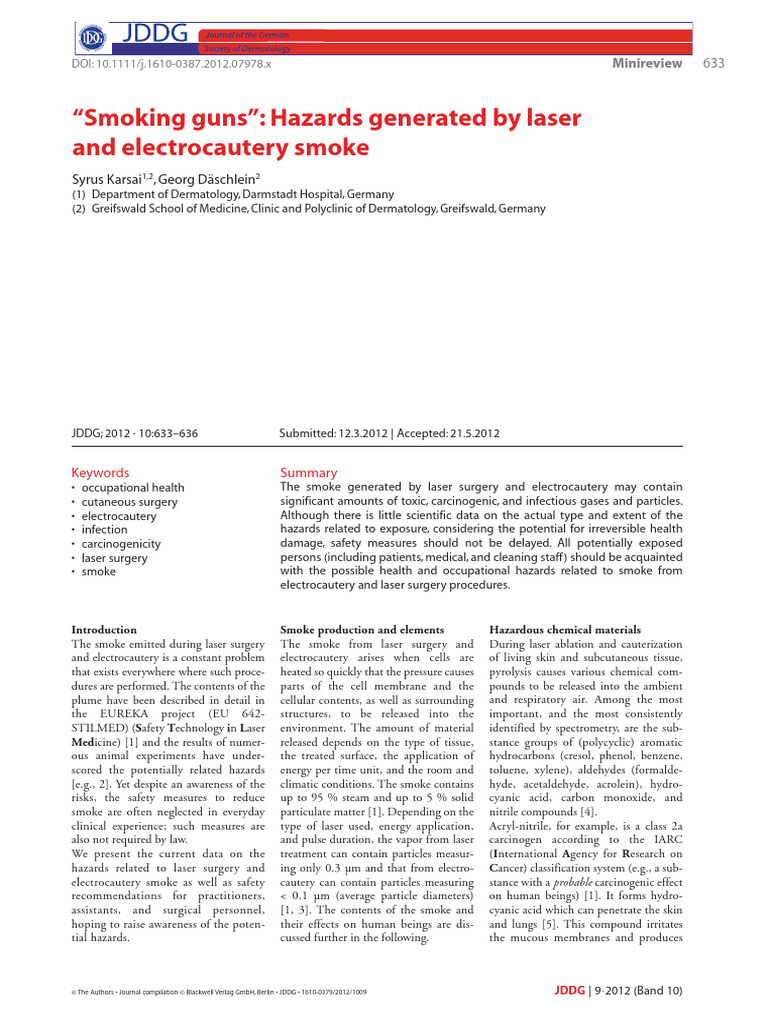 "Smoking Guns" Hazards Generated by Laser and Electrocautery Smoke | PDF | Smoke | Occupational ...