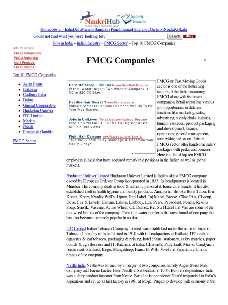 FMCG Companies - FMCG Companies in India | PDF | Unilever | Foods